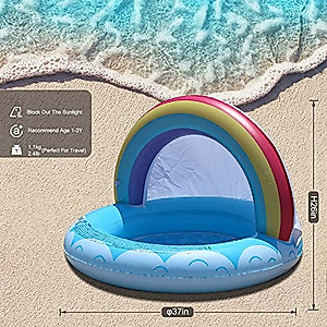 Rainbow Blow up Kiddie Pool Inflatable Mini Swimming Pool Water Baby Shade Beach Tent Pool 37" X 26" Portable Wading Pool with Canopy for Outdoor Backyard for Kids Toddler