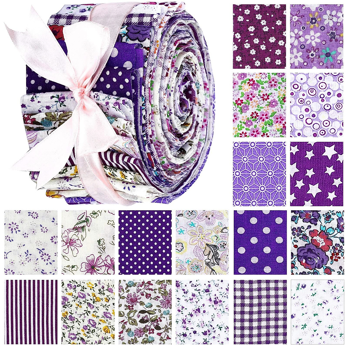 Kingdder 70 Pcs Floral Cotton Fabric Patchwork Roll 2.55 x 39.4 Inch Cotton Quilting Fabric Roll up Cotton Fabric Quilting Strips Precut Patchwork Roll for Craft Sewing DIY Crafts (Purple Flower)