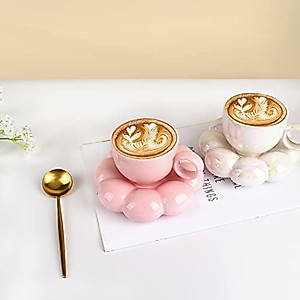 Koythin Ceramic Coffee Mug with Saucer Set, Creative Cute Cup with Sunflower Coaster for Office and Home, Dishwasher and Microwave Safe, 6.5 oz/200 ml for Tea Latte Milk (Peach Pink)