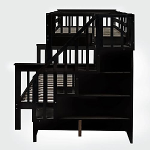FIQHOME Stairway Twin-Over-Full Bunk Bed with Twin Size Trundle,Bunk Bed Frame Convertible into 2 Beds Storage and Guard Rail for Bedroom, Dorm, for Adults,Espresso