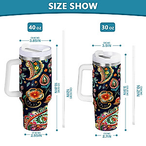 xigua 30 oz Paisley Flower Tumbler with Handle and Straw Lid, Stainless Steel Vacuum Insulated Sports Water Bottle, Keeps Cold or Hot Coffee Cup Travel Mug