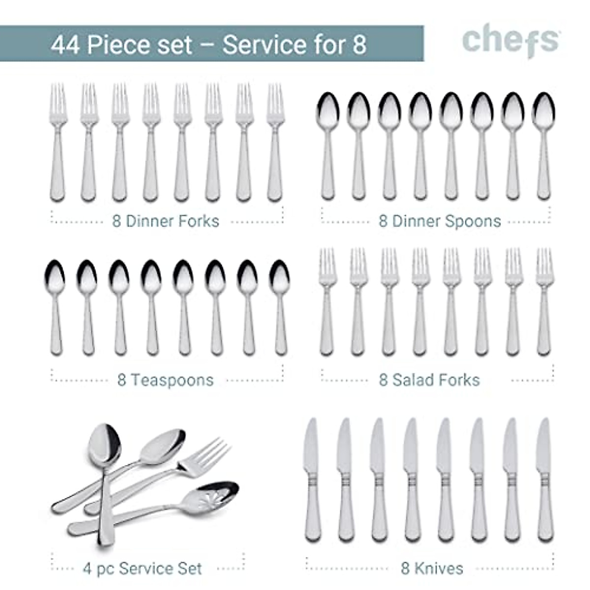 Chefs 18/10 Stainless Steel 44pc Flatware Set, Service for 8, Harlow