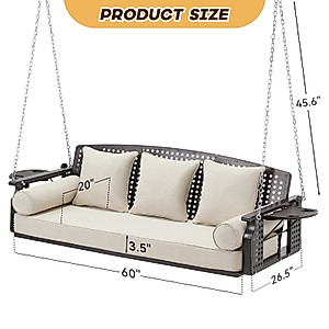 Yalissey 3 Seat Hanging Porch Swing, Patio Swing Bench with Tea Trays & 3 Back Cushions, Swing Chair with Chains for Deck Garden Backyard (Beige)