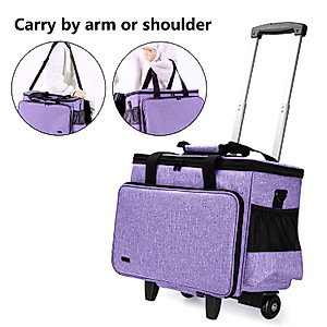 Yarwo Rolling Craft Bag on Wheels, Women Craft Scrapbook Tote Bag with Detachable Trolley and Extra Bottom Board for Teaching Crafts Supplies and Tools, Rolling Teacher Cart for Women, Purple