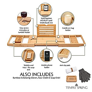 Temple Spring Bath Caddy - Extendable Bath Tray for Bathtub with Candle, Wine Glass, Book, iPad & Phone holders - Adjustable Bath Table shelf over tub with bathroom accessories - (Bamboo Natural Wood)
