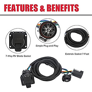 VASTAUTO 56070 7-Foot 7-Pin Trailer Wiring Harness Extension with Connector for Vehicle-Side Truck Bed,Fit for Chevy Dodge Ram GMC Ford Toyota Nissan