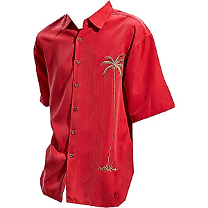 Bamboo Cay Men's Single Palm Tropical Style Embroidered Camp Shirt (Large, Tomato)