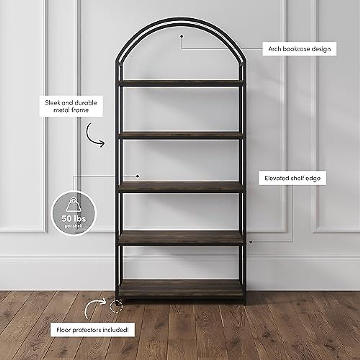 Nathan James Haven Etagere Bookshelf, 5-Shelf Bookcase in Nutmeg Wood and Black Metal Frame with Arch Top and Open Shelves, Nutmeg/Black