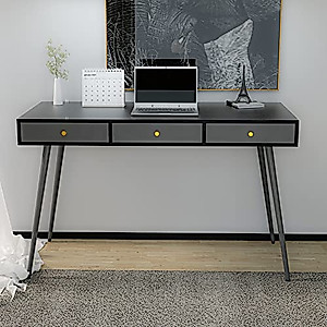 JURMALYN 47" Mid Century Modern Desk with Drawers Black Computer Desk Minimalist Desk with Metal Legs for Home Office, Easy Assembly (Black + Dark Grey)