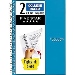 Five Star Spiral Notebook, 2 Subject, College Ruled Paper, 100 sheets, 9-1/2" x 6", Color Selected For You, 1 Count (06180)