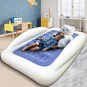 Inflatable Kids Travel Bed Toddler Air Mattress Set - Portable Blow Up Mattress Sleeping Bed Cot with Security Bed Rails and Electric Pump Ideal for Road Trip Camping Sleepovers etc. (Upgraded)