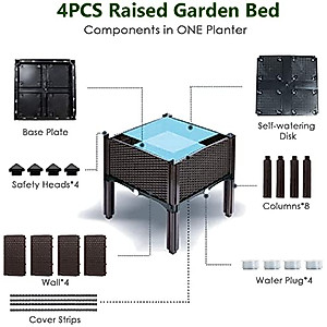Renatone Set of 4 Raised Garden Beds Outdoor, Planter Box with Self-Watering Design, Drain Holes, Plastic Raised Garden Bed with Legs for Patio Yard Gardening, Grow Vegetables, Flowers, Herbs(Brown)