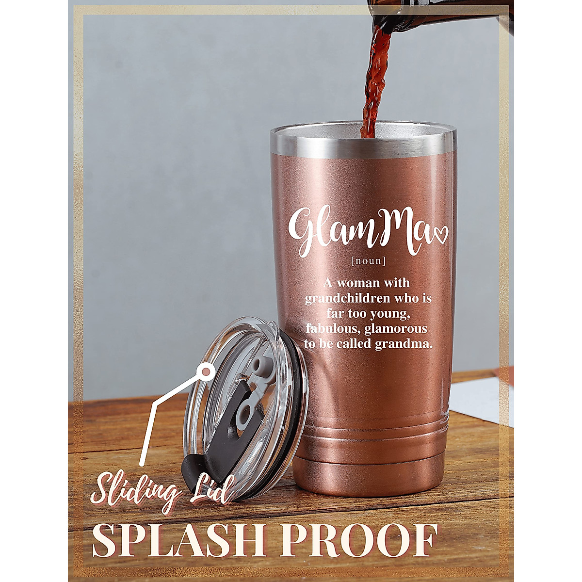 Onebttl Grandma Gifts, Insulated Stainless Steel Wine Tumbler with Lid, For Nana, Mimi, Gigi, Granny, Grammy, Nanny, Birthday/Mother’s Day gifts, Rose Gold, (20 oz) Glamma