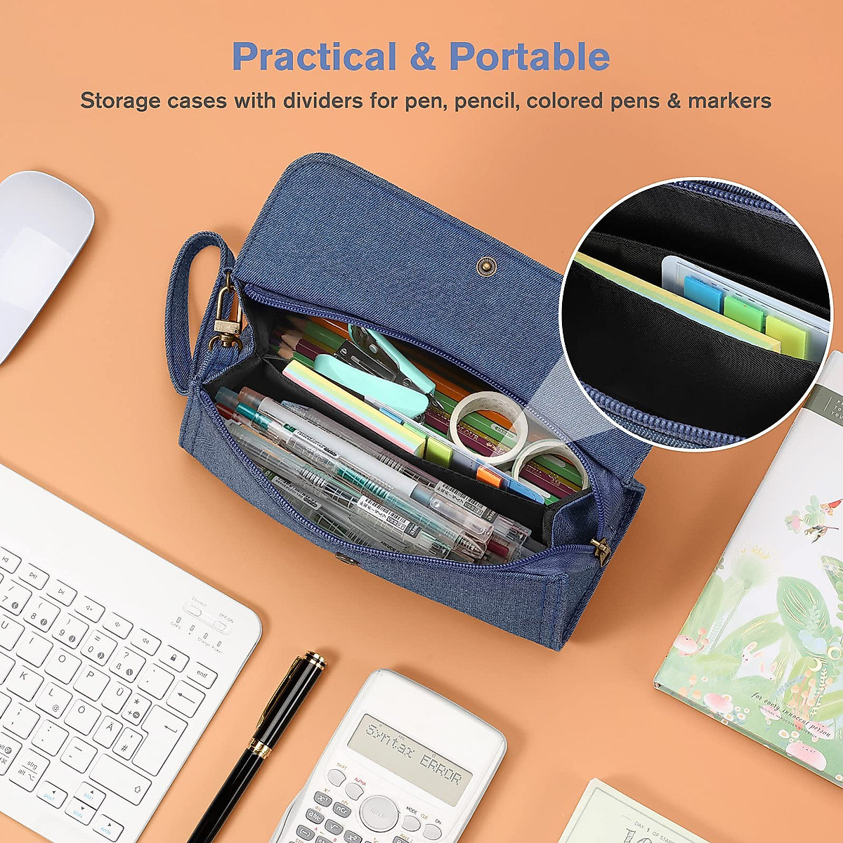 FINPAC Big Capacity Pencil Case, Pen and Marker Holder Organizer Bag, Canvas Pencil Box Stationery Pouch w/Zipper and Wrist Strap for Adults Artist College Senior, Navy