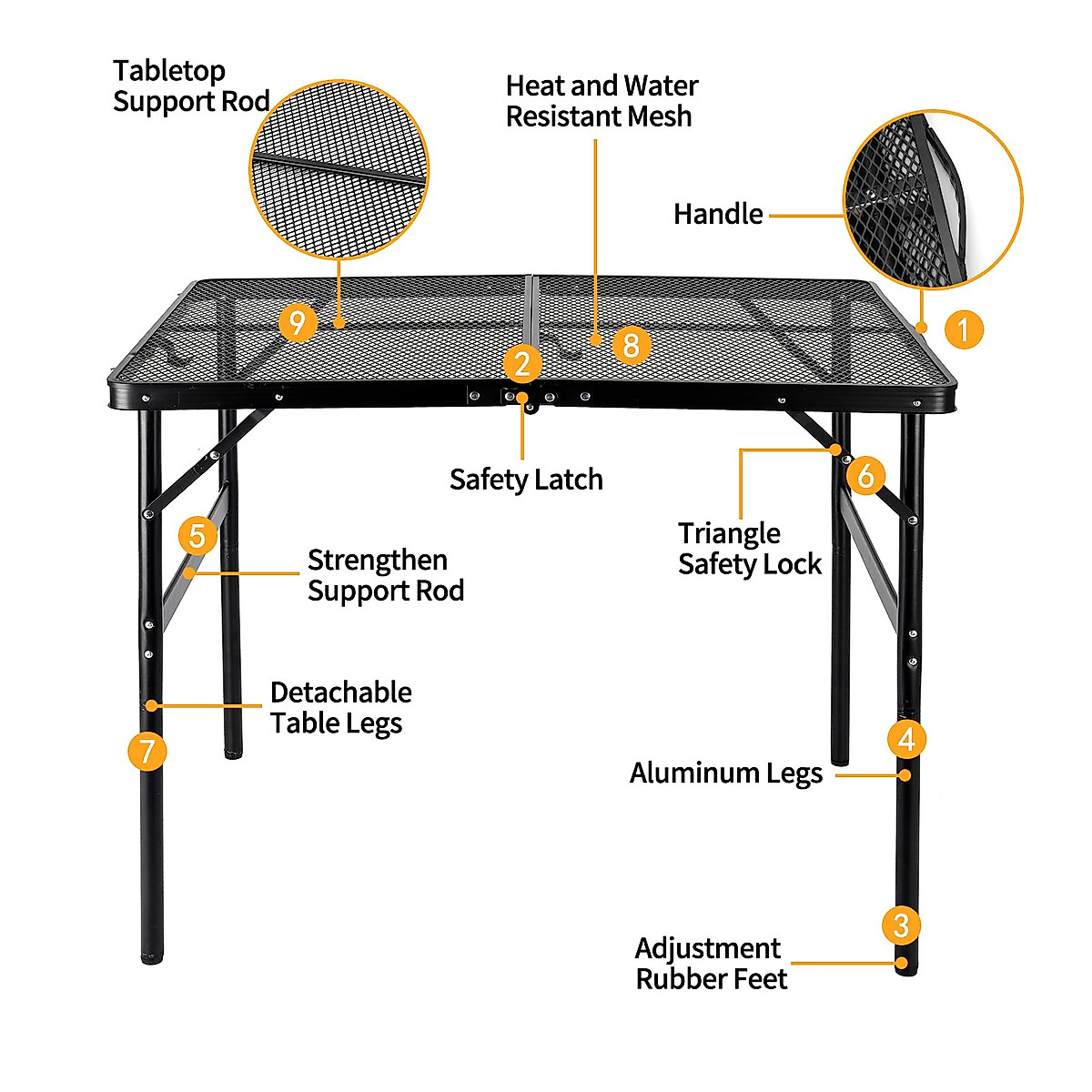 Moosinily Camping Table 3FT Grill Table Foldable Folding Table Picnic Portable Stand Mesh 2 Height Adjustable Outdoor Card BBQ RV Black 35.5×23.6 ×26 inch