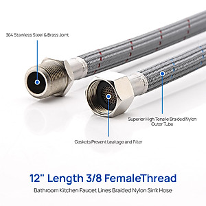 J-HVA Faucet Supply Lines Length 12" x G 3/8, 9/16" Female x 9/16" Male Thread Connector Braided Nylon Extension Hoses for Bathroom Kitchen Sink Faucet Hose Filter, Stainless Steel Nut (1 Pair)