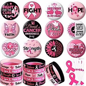 98Pcs Breast Cancer Awareness Accessories, Breast Cancer Awareness Decorations With 24Pcs Pink Ribbon Breast Cancer Buttons, 24Pcs Breast Cancer Bracelets and 50Pcs Pink Breast Cancer Stickers
