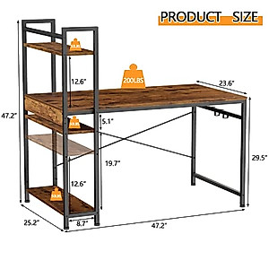 Engriy Computer Desk with 4 Tier Shelves for Home Office, 47" Writing Study Table with Bookshelf and 2 Hooks, Multipurpose Industrial Wood Desk Workstation with Metal Frame for PC Laptop, Rustic Brown