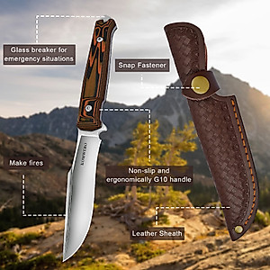 KOMWERO Fixed Blade Knife, Full Tang Hunting Knives with Sharp 4.33" D2 Steel Blade, Glass Breaker, G10 Handle, Leather Sheath for Survival Camping Outdoor