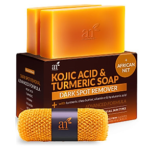 Artnaturals Kojic Acid Soap + African Net Sponge (2 pack X 142g Turmeric bars) Dark spot remover & Scars - Original Japanese Complex Vitamin C, Hyaluronic Acid, retinol, shea butter (Citrus)