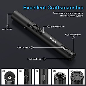 Torch Lighters, 2 Pack, Butane Lighters, Adjustable Jet Flame Torch Lighters, Windproof Butane Refillable Gas Torch Lighter Long Lighter for Candle, Grill, BBQ, Fireworks(Butane Not Included) Black