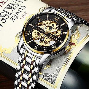 BIDEN Mens Watches Gold Mechanical Automatic Self-Winding Stainless Steel Skeleton Luxury Waterproof Diamond Dial Wrist Watches for Men