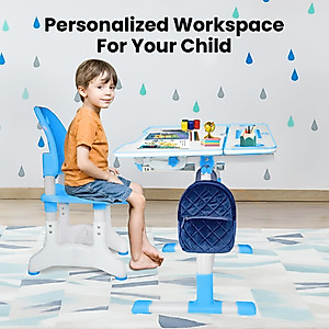 eClub Deals Kids Functional Desk and Chair Set, Height Adjustable Children's Study Desk for Ages 4-12, Book Stand, LED Light and Storage Drawer - for Baby Bedroom, Game Rooms, Blue