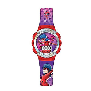 Miraculous Ladybug Kids Digital Watch with Flashing LCD Lights, Transparent Pink Case, Printed Strap, Easy-to-Read Time Display, Durable & Adjustable Fit for Wrist Sizes 5.5" to 8"