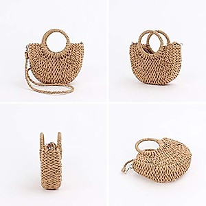 QTKJ Mini Semi-circle Rattan Straw Handbags, Hand-woven Women Summer Retro Straw Tote Bag Beach Tote Shoulder Bag Crossbody Bag Round Handle Beach Handbags (Khaki)