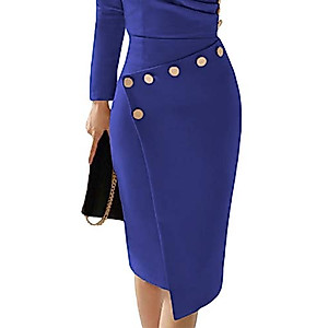 Lrady Women's Deep V Neck Casual Work Bodycon Long Sleeve Party Pencil Midi Dress, Blue, Large
