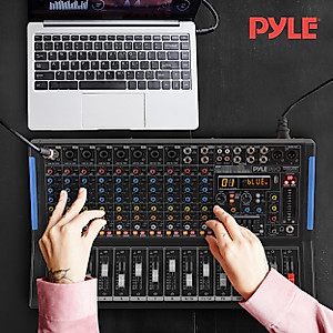 PYLE 12-Channel Bluetooth Studio Audio Mixer - DJ Sound Controller Interface with USB Drive for PC Recording Input, RCA, XLR Microphone Jack, 48V Power, For Professional and Beginners - PMXU128BT