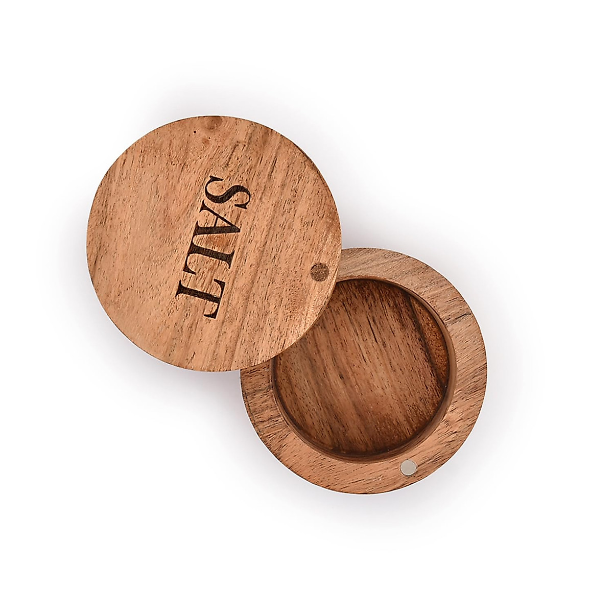 EDHAS Acacia Wood Round Condiment Pot with Magnetic Swivel Lids for Kitchen Countertop "Salt" Engraved on Lid (3.5” x 3.5” x 2.5”)