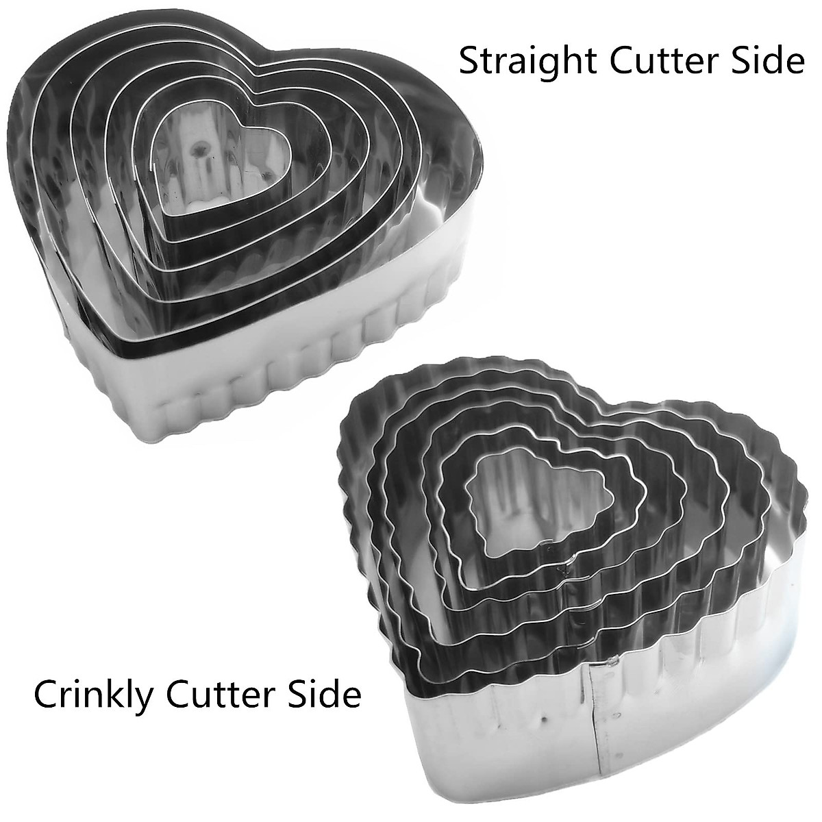 Heart Shaped Double Cut-Outs Cookie Cutter Set of 6 pcs, Stainless Steel Crinkly and Straight Edge Double Sides Fondant Cutters