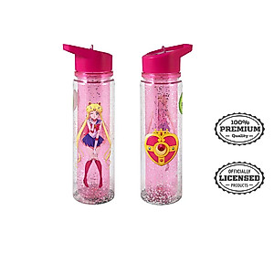 JUST FUNKY Sailor Moon Crystal Double-Walled Water Bottle | 18 oz Plastic Travel Beverage Container | Includes Glitter Wall | Home Deco | Anime Water Bottle | Officially Licensed
