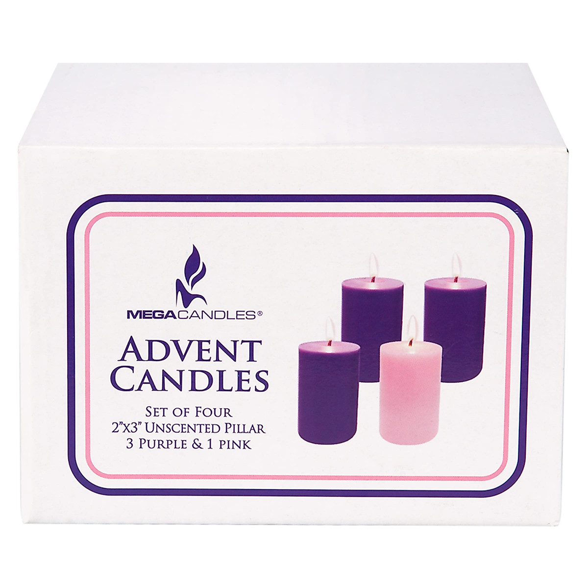 Mega Candles 4 pcs Unscented Christmas Advent Candles Set, Hand Poured Premium Wax Round Pillar Candle 2 Inch x 3 Inch, Holidays, Celebrations, Devotional, Church, Wreath, Party, Gifts