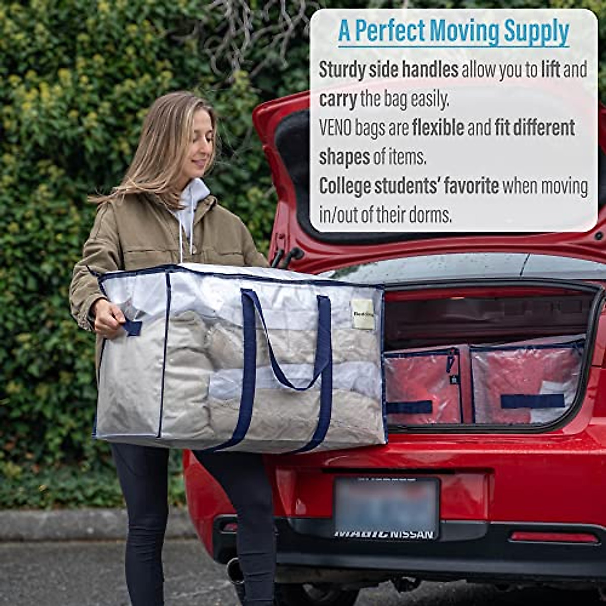 VENO 8 Pack Extra Large Moving Storage Bags with Zippers, Foldable Heavy-Duty Tote for Space Saving, Alternative to Moving Boxes, Packing Supplies, Plastic Storage Bins (Clear - Set of 8)