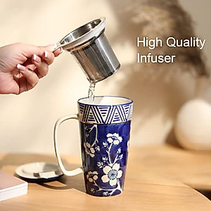 Taimei Teatime Ceramic Tea Cup with Infuser and Lid, 17 oz Tea Infuser Mug for Steeping Loose Leaf Tea with Handpainted Floral Pattern, Tea Mug with Infuser Basket, Women Office Home Gift