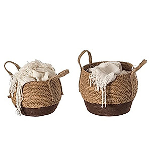 Straw Decorative Round Storage Basket Set of 2 with Woven Handles for the Playroom, Bedroom, and Living Room