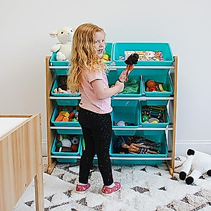 Humble Crew, Natural Wood/Aqua 12 Bin Toy Storage Organizer
