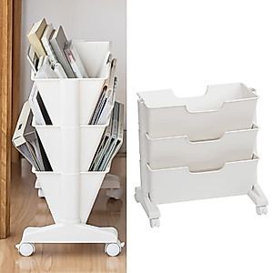 Pssopp Movable Bookshelf, White Large 3 Layers Capacity Bookcase Under Desk Rolling Office Paper Organizer Mobile Book Cart for Home Office