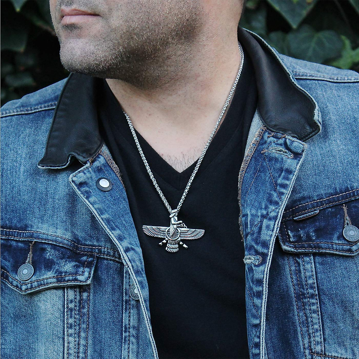 Asoodehdelan Large Farvahar Necklace Iranian Persian Art Iran Farohar Zoroastrian Faravahar Chain Necklace (Silver Plated, 18)