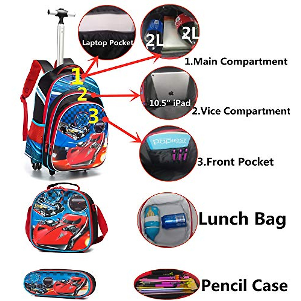 Meetbelify 3Pcs Rolling Backpack for Boys,School Backpack with Wheels for Boys