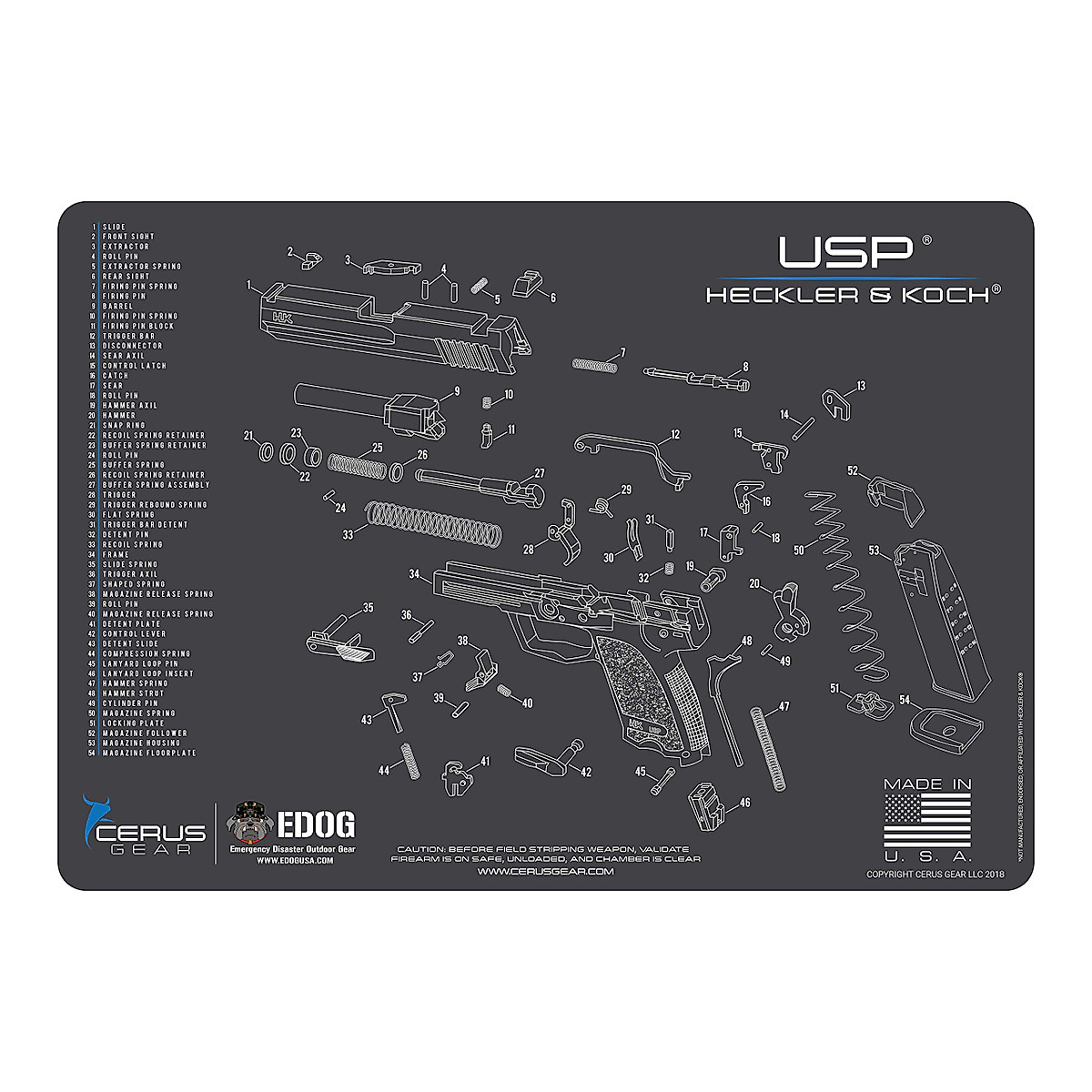Heckler & Koch USP EDOG Cerus Gear Schematic (Exploded View) Heavy Duty Pistol Cleaning 12x17 Padded Gun-Work Surface Protector Mats Solvent & Oil Resistant