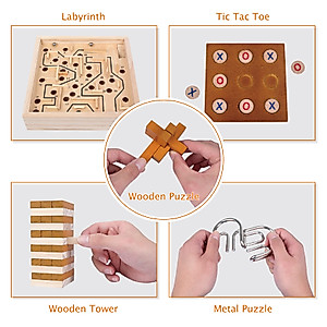 Offelec 5 in 1 Board Game with Wooden Brain Teaser Puzzles, Metal Brain Teaser Puzzles, Labyrinth, Wooden Stacking Tower, and Tic Tac Toe Toy Games, Board Games for Kid and Adults, Party Family Game