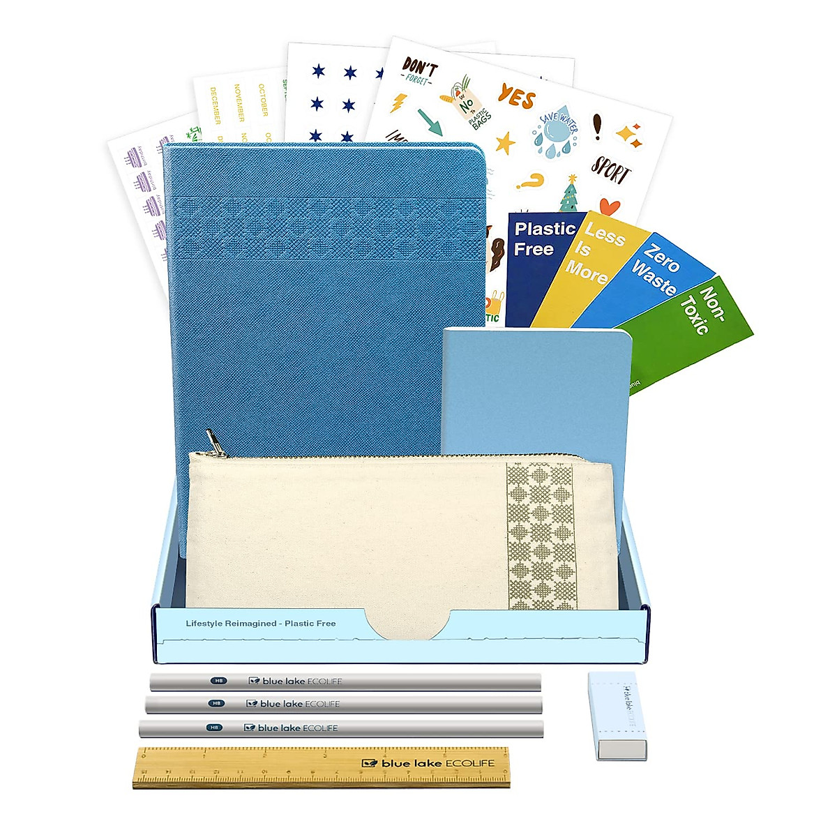 Blue Lake ECOLIFE Monthly & Weekly Life Planner Kit, Undated, Hardcover Journal 6x8, Blank Page Notebook, Stickers, Pencil Pouch, Bookmarks BLUE