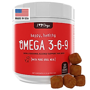 iHeartDogs Omega 3-6-9 for Dogs - Skin and Coat Fish Oil Supplement for Dogs with Pure Antarctic Krill Oil - Allergy & Itchy Skin Relief Chews, 120 Count