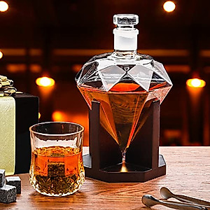 Whiskey Decanter, Diamond Decanter, Glass Liquor Decanter with Wooden Holder for Bourbon, Liquor, Rum, Bourbon, Scotch, Great Gifts for Men Glass Decanter with Airtight Stopper - 850ml/27OZ
