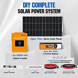 ECO-WORTHY 21.5KWH 4680W 48V Solar Power Complete Kit for Home Shed: 24pcs 195W Mono Solar Panel + 1pc 5000W 48V All-in-one MPPT Solar Charge Inverter + 4pcs 48V 50AH Lithium Battery(10KWH) +Z-bracket