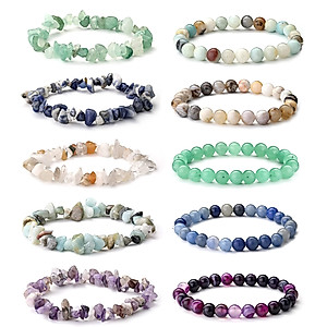 FINREZIO 10PCS Natural Gemstone Bead Bracelets for Men Women Semi-precious Beaded Bracelets Chakra Crystal Healing Bracelets Irregular Chips Beads Bracelet Stretch Relief Reiki Yoga Bracelet 6mm 8mm