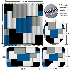 ENYORSEL Blue Bathroom Sets with Shower Curtain and Rugs, 4 Piece Geometric Bathroom Shower Curtain Set with Rugs, Incl Shower Curtain with 12 Hooks, Bath Mat, U-Shaped Floor Mat, Toilet Lid Oval Rug